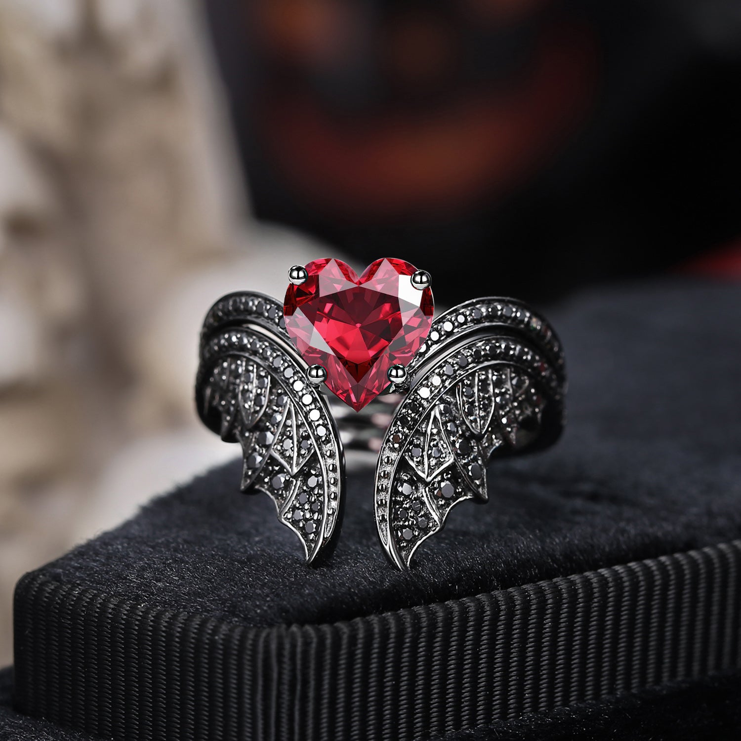 Heart Shaped Lab Ruby Vintage Black Gold Bridal Set 2pcs Bat Ring 14K Black Gold Black Diamond