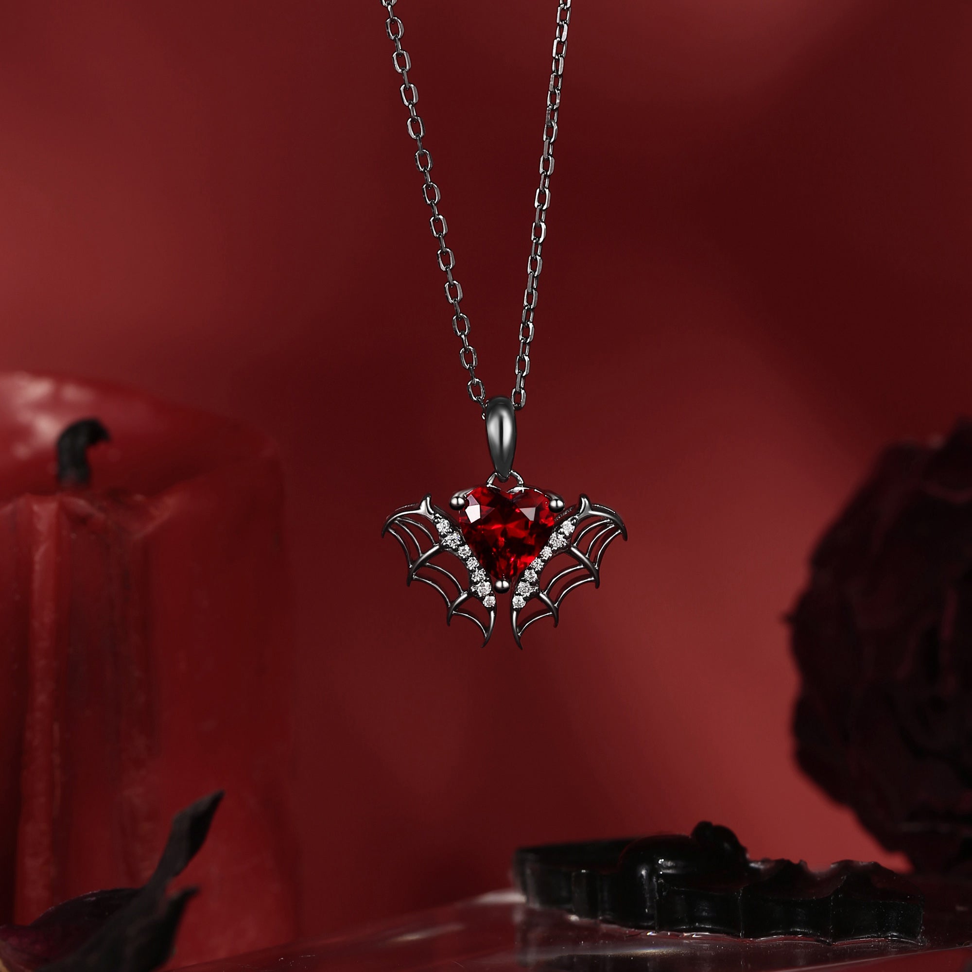 Unique Garnet Heart Cut Gothic Style Necklace Fly to Love 10K RG Natural Diamond